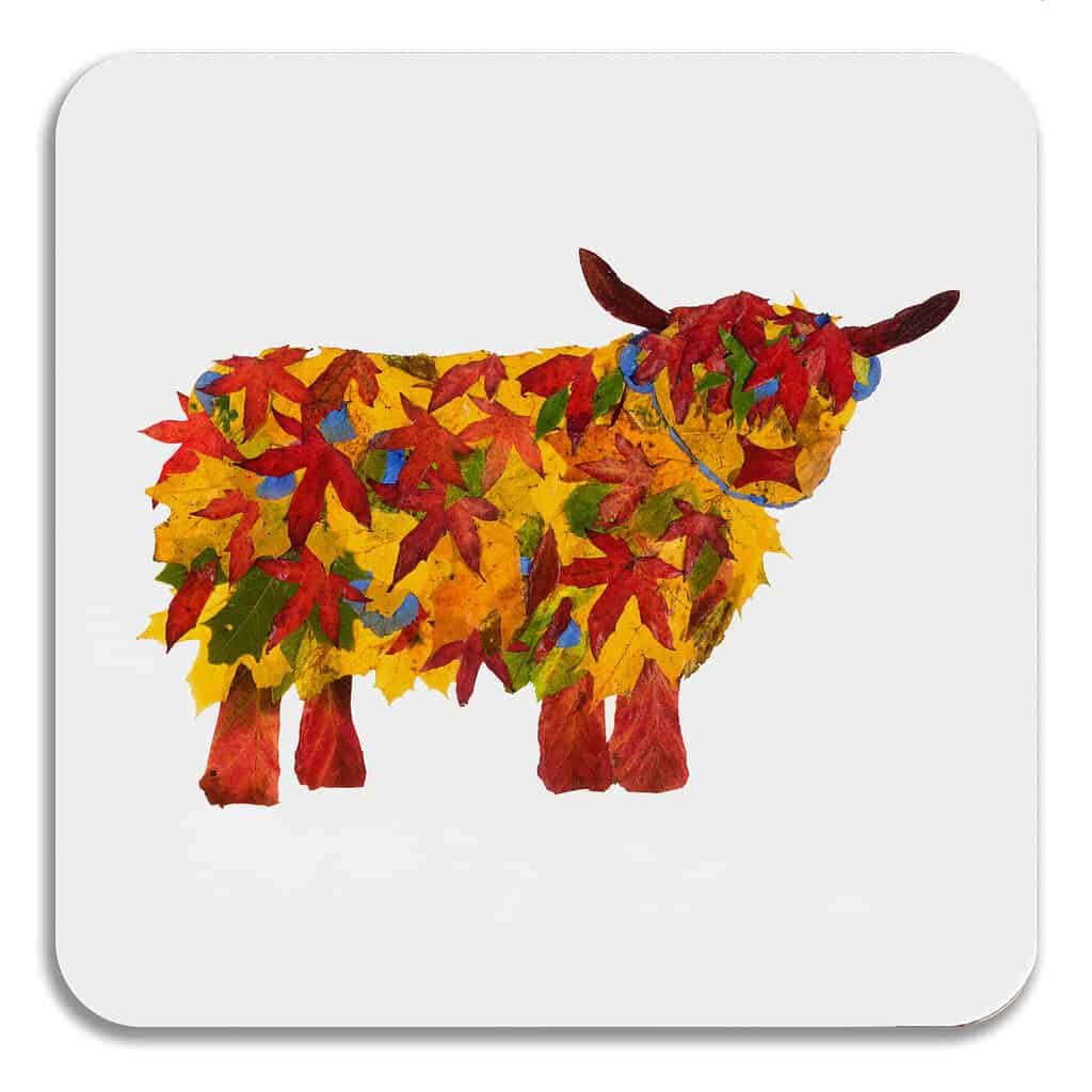 Chloe Gardner | Square Scottish Coaster - Leaf Highland Cow